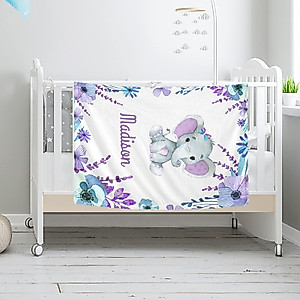 CADE Custom Baby Blanket with Name for Girls Personalized Baby Blanket Purple Floral Blankets Cute Elephant Blankets for Girls Customizable Baby Blanket Newborn Essentials Gifts - 30x40 inch