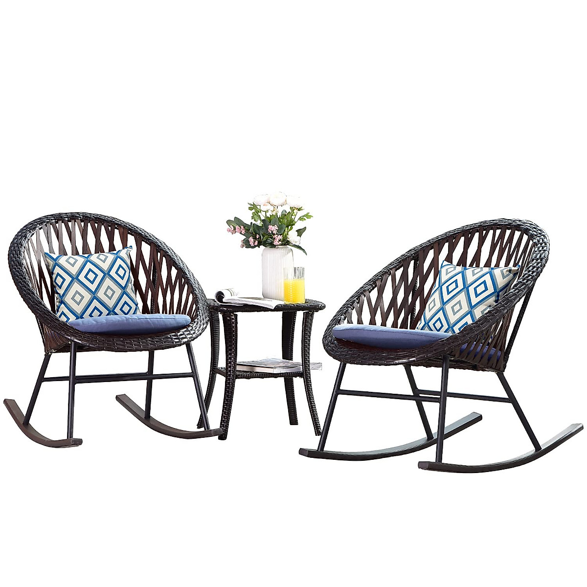 ovios 3 Piece Patio Rocking Bistro Set,Patio Outdoor Furniture, Porch Rocking Chairs Conversation Sets with Glass Coffee Table for Small Space,Deck,Terrace (Blue)