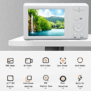 Autofocus Digital Camera, Camera 2.7inch Point and Shoot Continuous Shooting Black Flash 56MP 4K 20X for Travel for Kids (Silver)