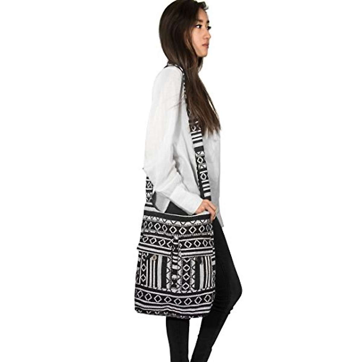 Tribe Azure Aztec Black White Woven Handmade Crossbody Hobo Women Shoulder Bag Sling Casual Large