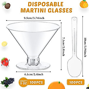 Yinkin Clear Plastic Martini Glasses 5 oz Disposable Cocktail Glasses Mini Martini Plastic Cups Dessert Plastic Shot Glasses Unbreakable with Spoons for Weddings Party Wine Appetizers Food(100 Pack)