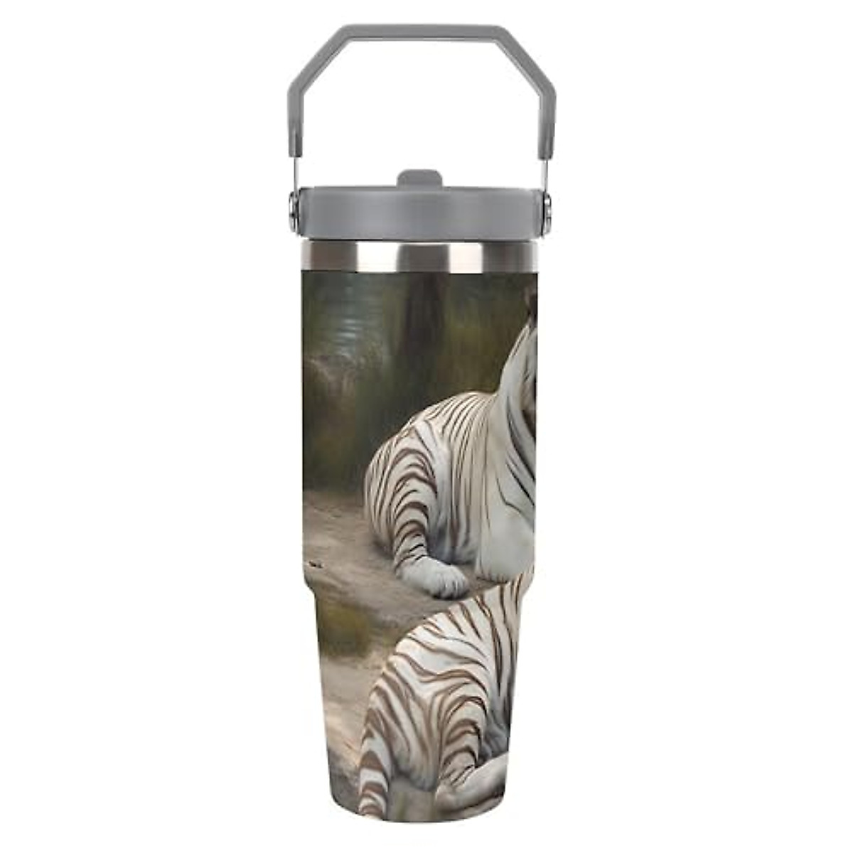 BWQJKUO Large Capacity Car Cup 30 Oz Stainless Steel White Tigers Printed Travel Mug Leak-proof Flip Straw Tumbler with Handle,keeps Cold Or Ho