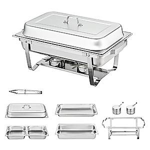 VEVOR Chafing Dish Buffet Set, 2 Pack 8 Qt, Stainless Chafer w/ 2 Full & 4 Half Size Pans, Rectangle Catering Warmer Server w/ Lid Water Pan Folding Stand Fuel Tray Holder Clip, at Least 8 People Each