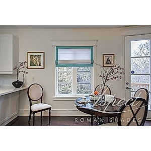 LOGANOVA Flat Roman Shade Chevalle Seafoam. White background with blue green border on four sides and chain mechanism. Custom made.