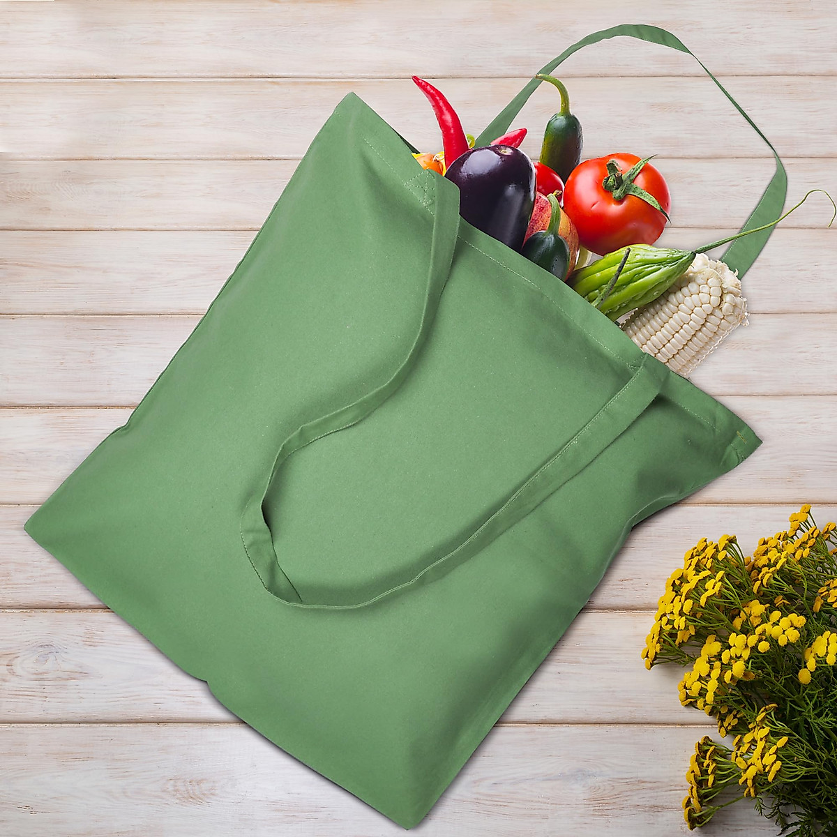 Urban Villa 12 Pack Reusable Grocery Bags 15’’x16’’ with 27’’ long Handle Green Color 100% Cotton Tote Bags Medium Weight Grocery Shopping Cloth Bags Great Choice for Promotion Gift DIY Advertising