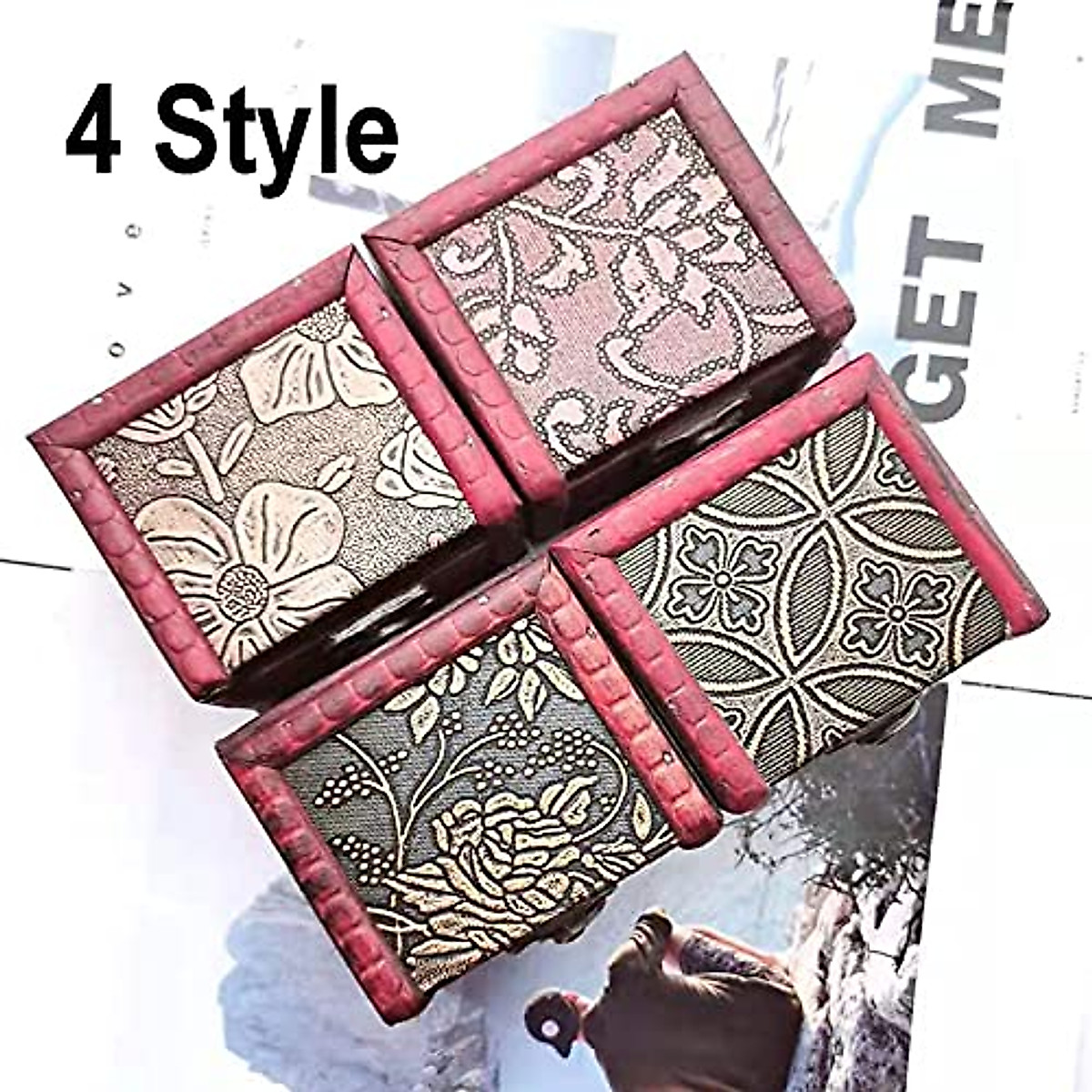 Markeny Jewelry Box Vintage Handmade Box with Mini Metal Lock, 4 Styles Pattern Wooden Rings Case Box, Square