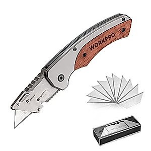 WORKPRO Folding Utility Knife, Quick-Change Box Cutter with Stainless Steel Head & Liner Lock, Wood Handle Razor Knife and Extra 10PC SK5 Blades