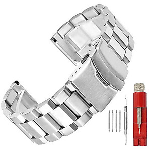 SINAIKE 20mm Silver Brushed Wristband Solid Stainless Steel Watch Band with Deployment Lock Buckle for Men Women