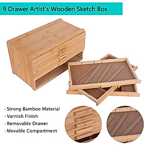 Vencer 9 Drawer Large Capacity Bamboo-Wood Artist Supply Storage Box with Separate Compartments,Pencils,Pen,Brushes and Tools for Designed Storage Art Materials