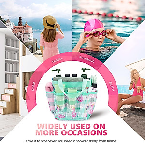 WAWSAM Flamingo Shower Bag for Dorm Room - 9” x 9” x 9.5” Mesh Shower Caddy for Women Students Portable Toiletry Bag with 8 Pocket Large Capacity Shower Tote for Gym College Bathroom Beach