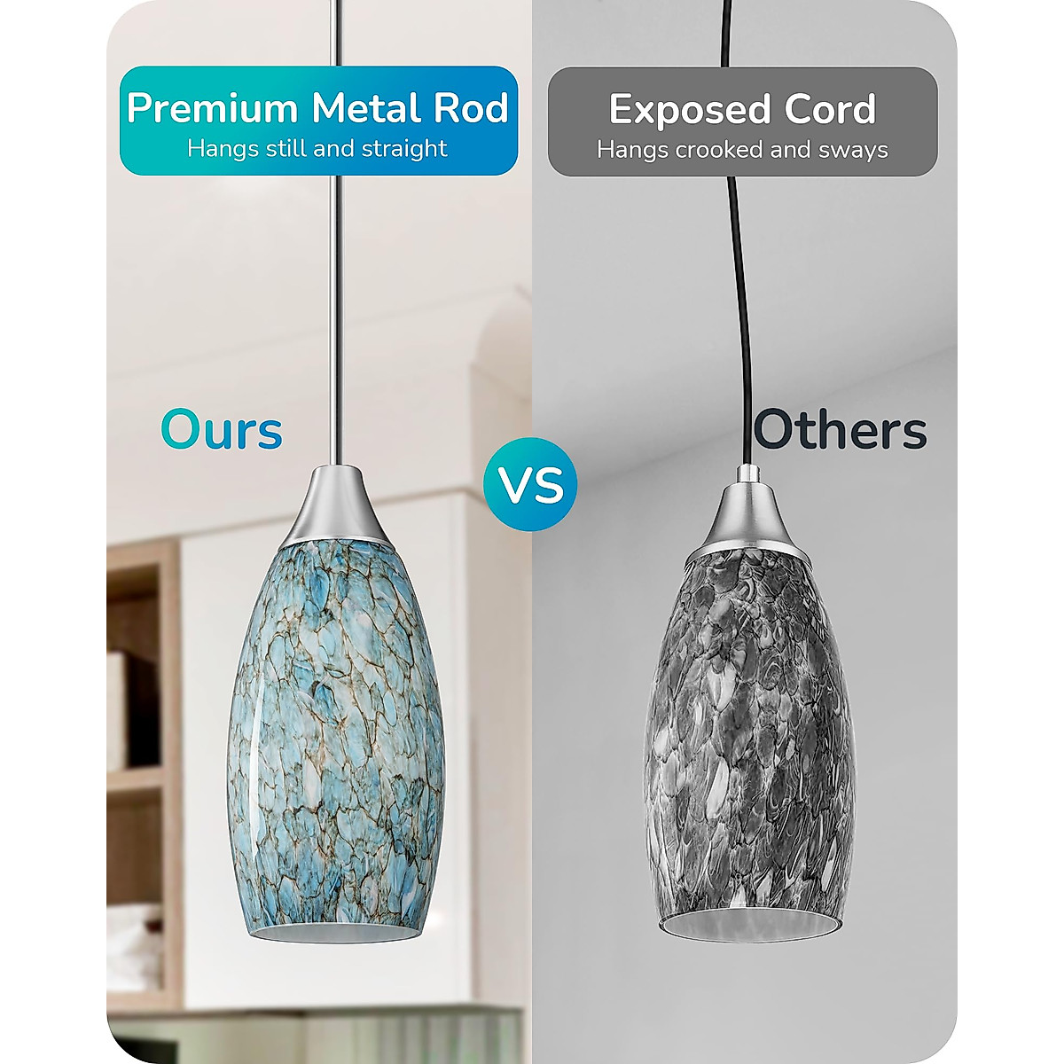 EDISHINE Pendant Light, Hand Blown Hanging Light Fixture, Adjustable Brushed Nickel Rods, Blue Glass Pendant Lighting for Kitchen Island, Sink, Bathroom, Dining Room