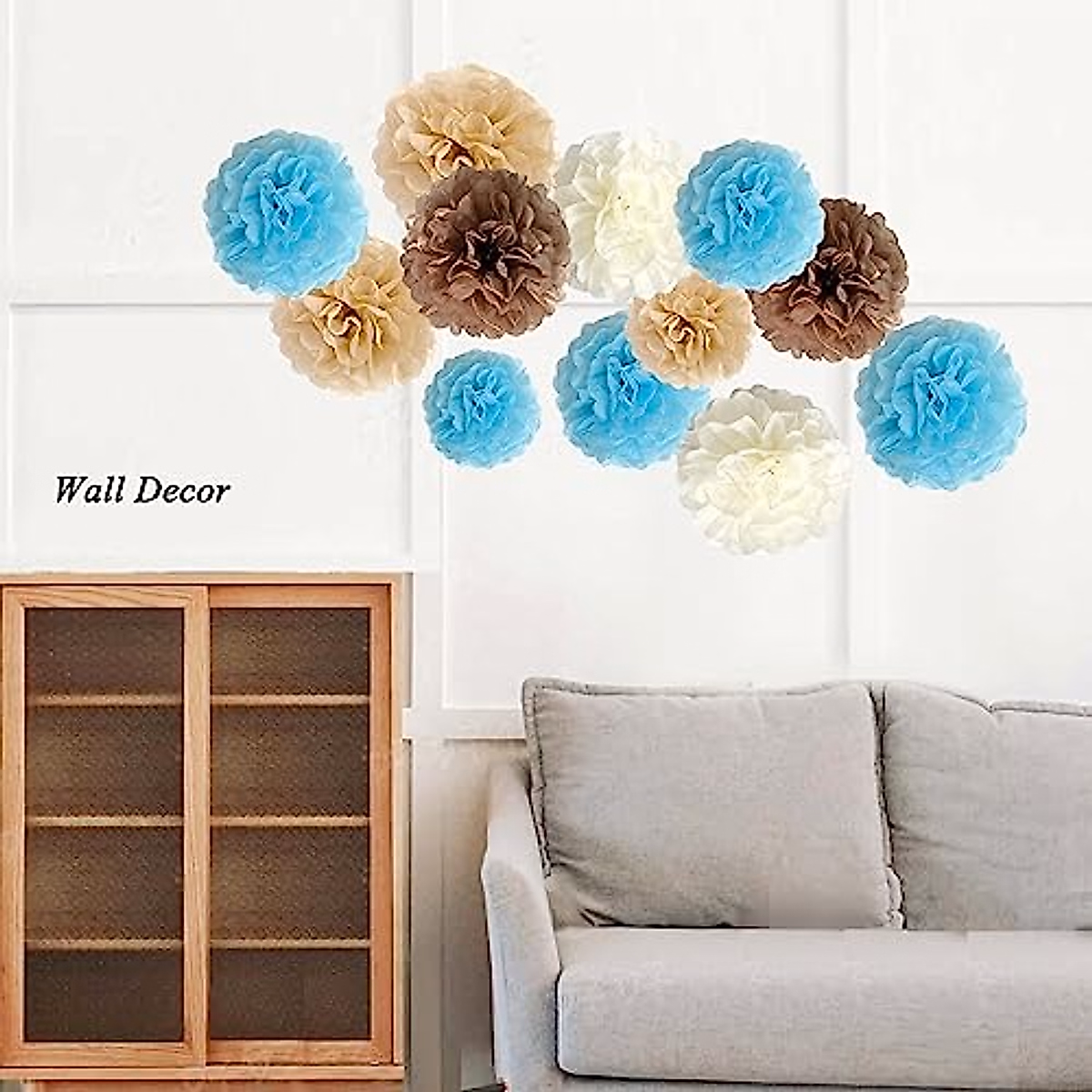 ANSOMO Blue and Tan Brown Tissue Paper Pom Poms Party Decorations Flowers Wall Hanging Bear Baby Shower Boy Khaki Décor 1st Birthday Supplies 12Pcs