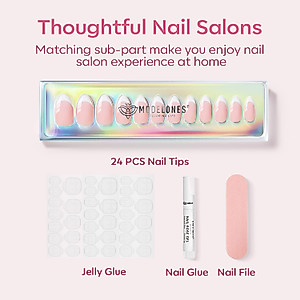 Modelones French Press on Nails, Short Almond Nails, Reusable Nail Kit with Nail Glue Adhesive Tabs Mini Nail File, 24 Fake Nails 12 Sizes, Glue on Nails DIY Home Salon Valentine's Gift for Women Girl