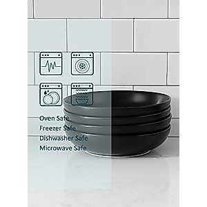 Teocera Pasta Bowls, Large Salad Bowls, Porcelain Bowl Set, Wide and Shallow, Microwave and Dishwasher Safe, 35 Ounce - Set of 4, Matte Black