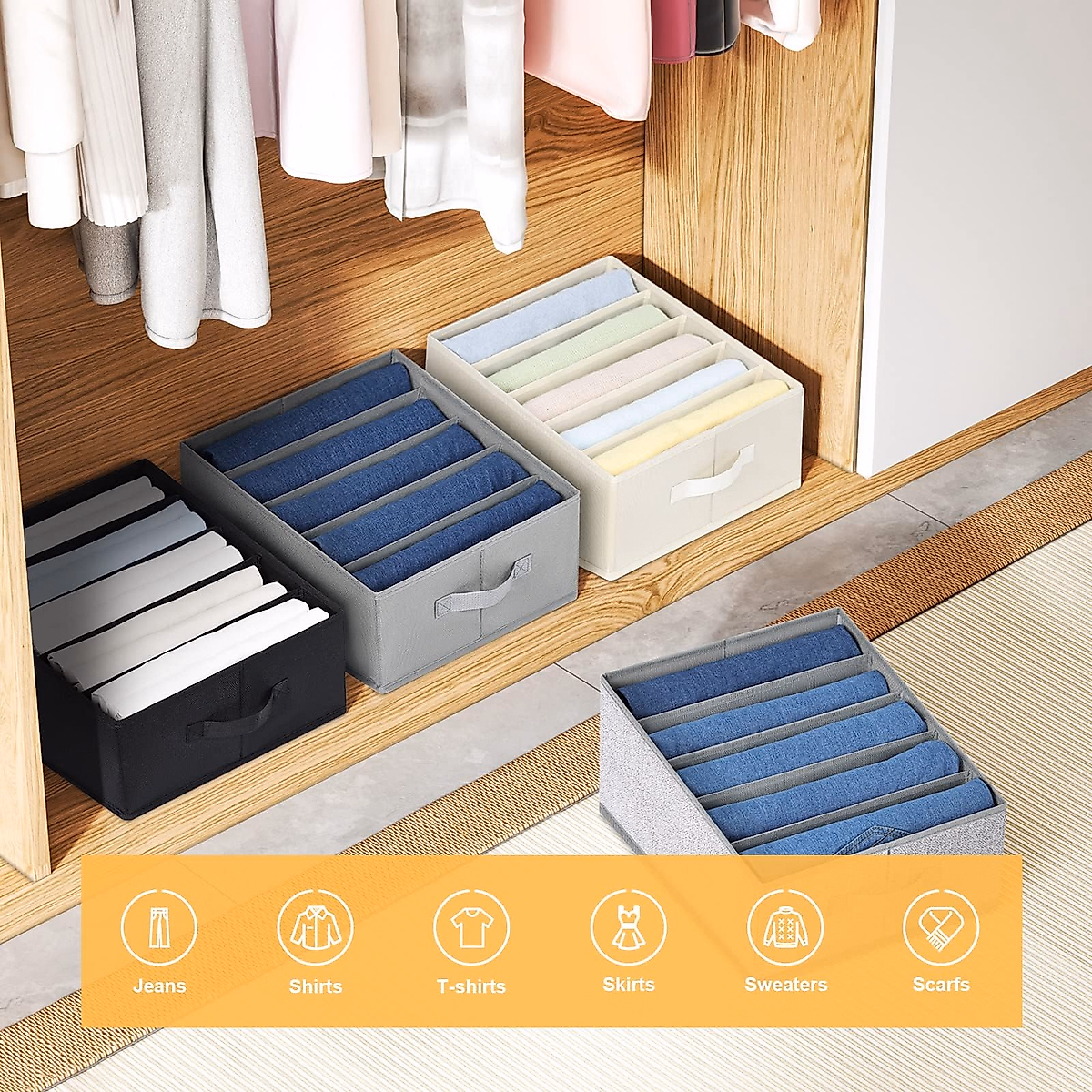 DIMJ Wardrobe Clothes Organizer, Fabric Drawer Organizer Clothes, Pants Jeans Sweater Organizer for Closet, Foldable Closet Storage Organizers, 5 Grids Clothing Drawer Organizers, 4 Pack Ash Grey