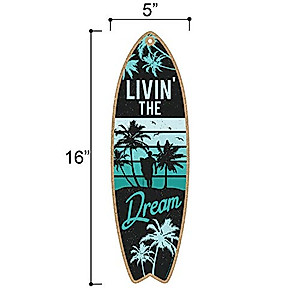 Honey Dew Gifts Livin’ The Dream, 5 inch by 16 inch Surfboard, Wood Sign, Tiki Bar Decoration, Beach Themed Decor, Decorative Wall Sign, Home Decor