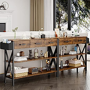 Gizoon 47" Console Table with 3 drawers, Industrial Entryway Table with 3 Tier Storage Shelves, Narrow Long Sofa Table for Entry Way, Hallway, Couch, Living Room, Kitchen, Rustic Brown
