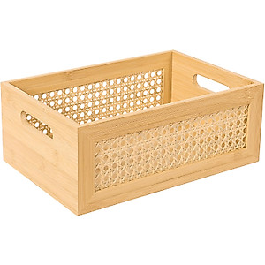 LaMorée Large Rattan Storage Basket Handmade Natural Bamboo Woven Storage Bin with Wooden Frame & Handles Decorative Wicker Box for Rustic Farmhouse Boho Decor Home Office Tabletop Shelf Organizer