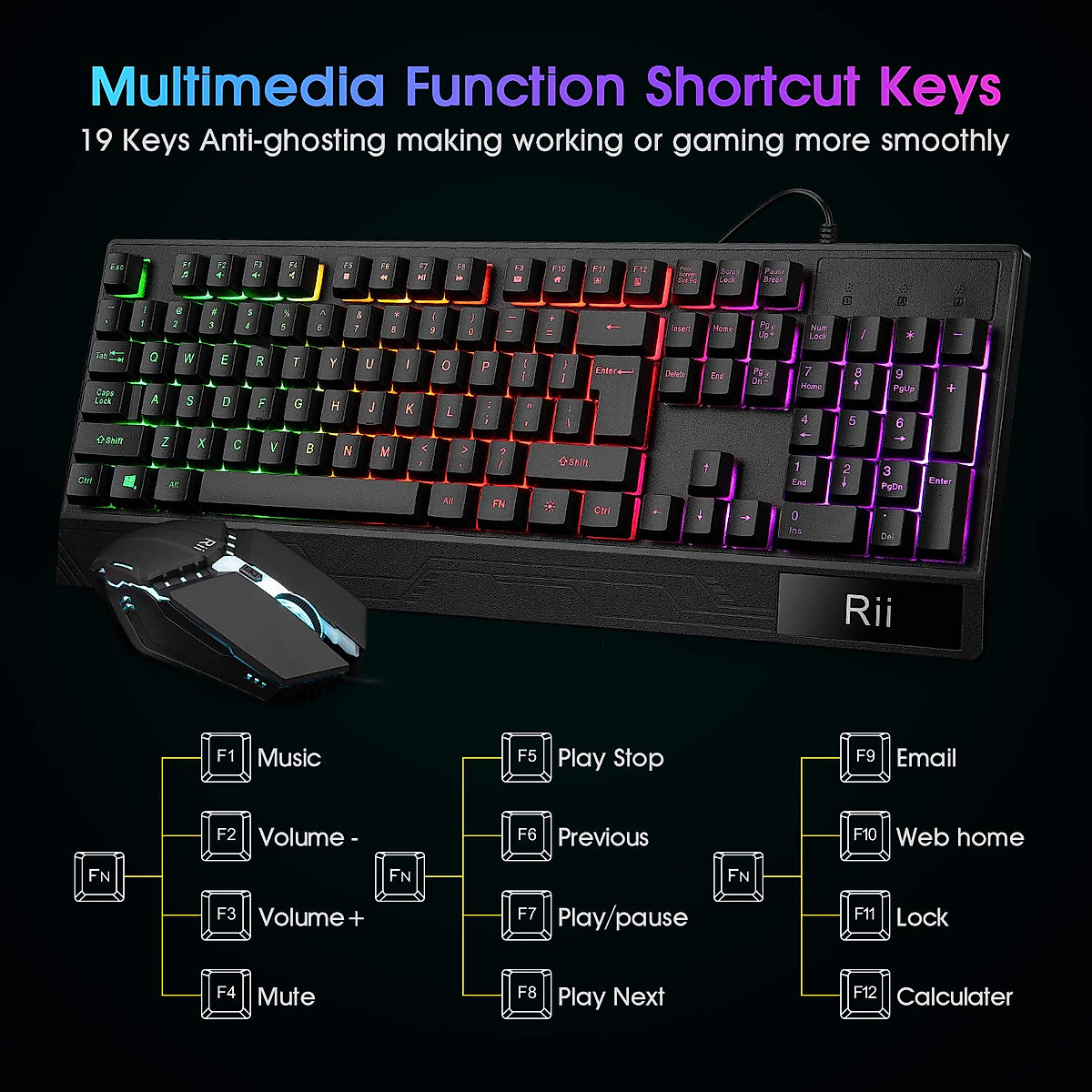 Rii RK400 RGB Gaming Keyboard and Mouse Combo ,Wired Mechanical Feel 3 ...