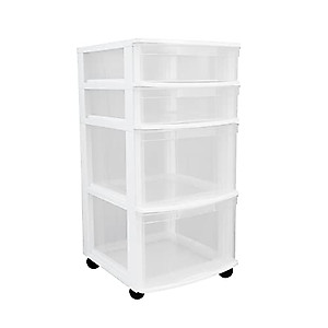 Gracious Living Resin Clear 4 Drawer Storage Chest System with Removable Rolling Casters for Garage, Basement, Utility Room, and Laundry Room, White