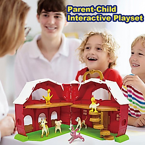 Big Red Barn Farm Figures Animals Toys for Toddlers, Cute Farm Figurines, Fence and Farmer Vehicle Toy Truck Pretend Farm Playset for 3+ Years Old Kids Girls Boys Educational Learning Toys