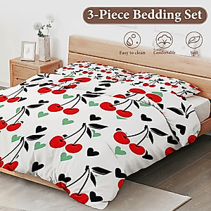 Delerain Comforter Set Queen Size, Red Cherry Print 3-Piece Bedding Set for Women Men Modern Soft Microfiber Bedroom Set Room Decor, 1 Duvet Cover + 2 Pillowcases
