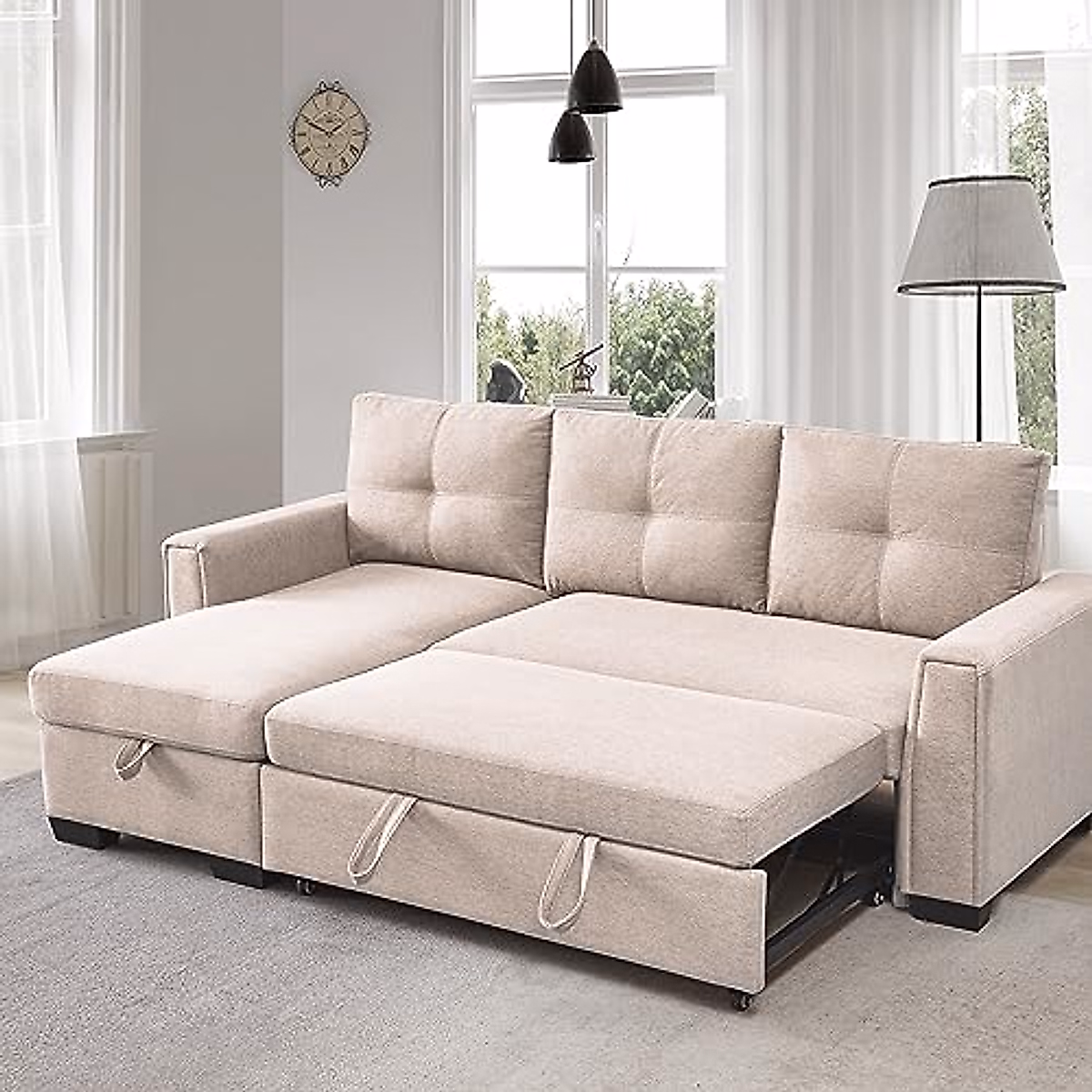 American Furniture Classics Beige Tufted Sectional Chaise Sofa Sleeper with Storage, 92" x 59" x 36"