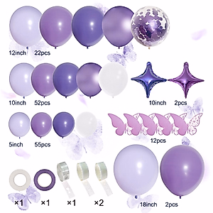 PERPAOL 150pcs Purple Balloon Garland Kit with Butterfly Stickers, Lavender White Macaron Metallic Purple Confetti Balloons Arch for Birthday Wedding Anniversary Sweet 16 Enchanted Forest Party Decor