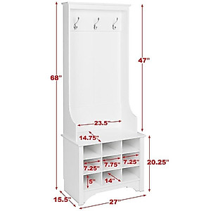 Prepac White Hall Tree, Shoe Cabinet, Storage Cabinet with 9 Shoe Cubbies and 3 Double Coat Hooks 15.5" D x 27" W x 68" H