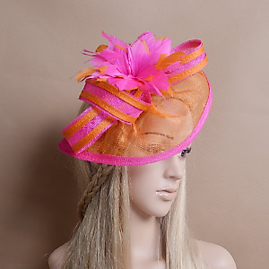 Lawliet Womens Sinamay Feather Fascinator Cocktail Hat Headband Church Wedding A268 (Orange Mix Pink)
