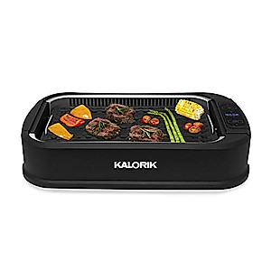 Kalorik, GR 45386 BK, Indoor Smokeless Grill with Tempered Glass Lid, Removable Grill Plate, Drip Tray, Digital Temperature Control LED Display, Precise Cooking up to 460 Degrees.