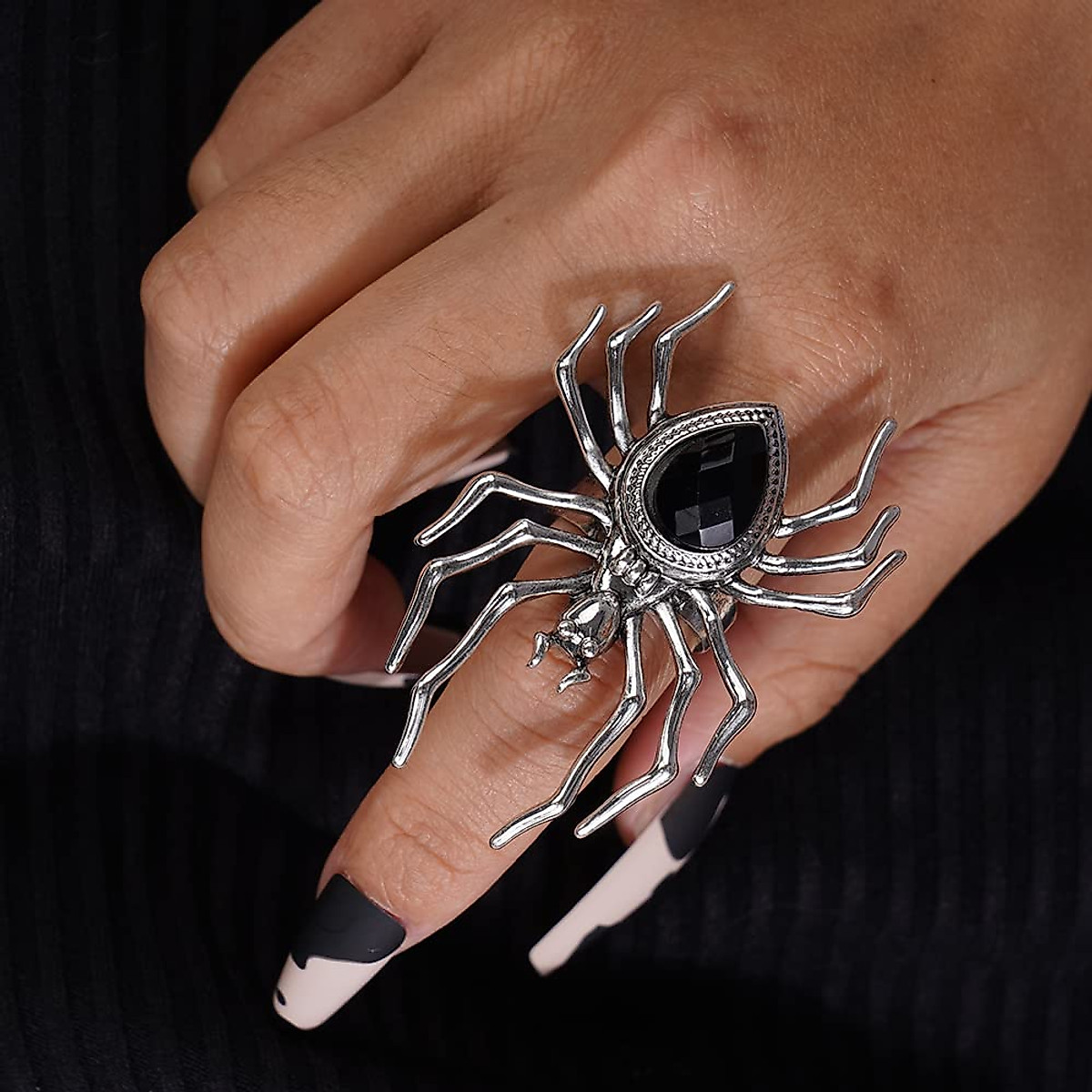Jumwrit Spider Ring for Women Vintage Knuckle Ring Black Rhinestone Finger Ring Silver Extra Big Spider Ring Daily Festival Accessory for Girl