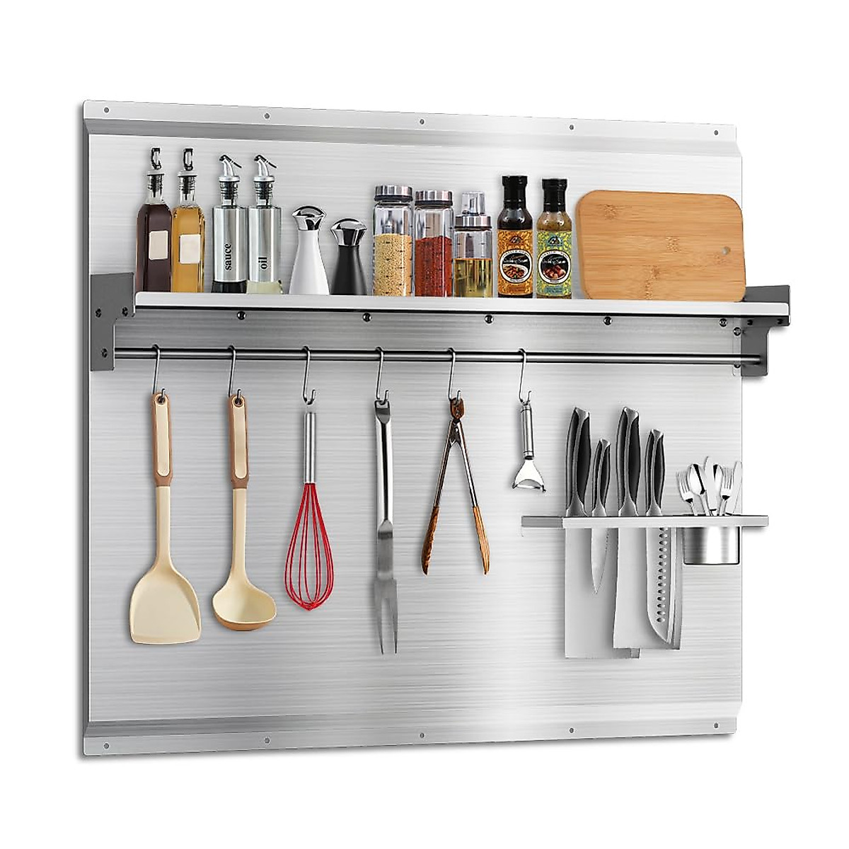 VENFAN Range Backsplash, 36 x 30 Inch Wall-Mounted Stainless Steel Backsplash with Built-in Storage Shelf & Hanging Rack, Stainless Steel Backsplash for Stove Easy Installation