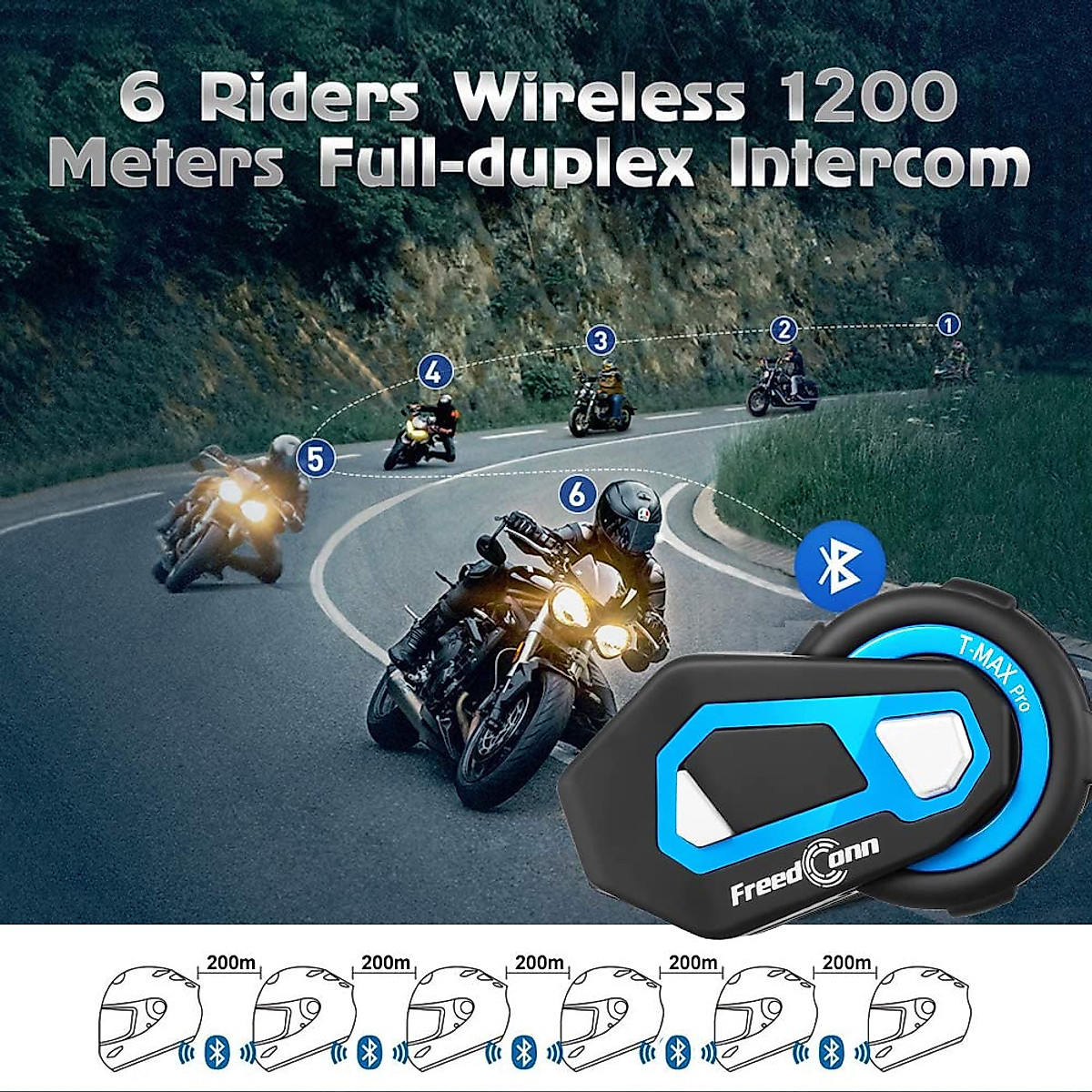 FreedConn T-MAX Motorcycle Helmet Bluetooth Intercom Headset Communication Systems Kit, Full Duplex 6 Riders Group Helmet Intercom/FM Radio/Voice Prompt/MP3/GPS Connective/Range 1000m / Waterproof
