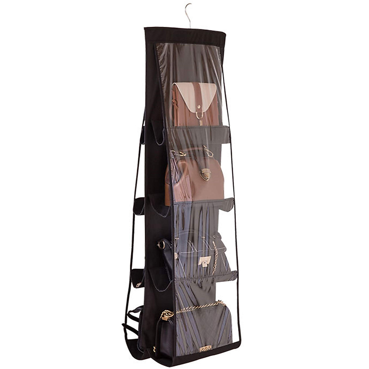 AARAINBOW 1 Pack Hanging Handbag Purse Organizer for Closet, Womens Purse Storage Organizers, Hand Bag Organizer Holder, Wardrobe Purse Organizer 8 Pockets Space Saving 41 L x 13.5W (B-Black)