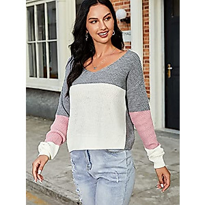 ZAFUL Women's Fashion Colorblock Sweater Knot Back V Neck Sexy Knit Pullover Long Sleeve Top (0-Multi, M)