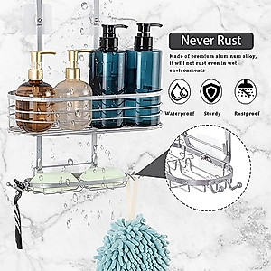 HEOMU Bathroom Over the Door Shower Caddy, Shower Organizer Shelves with 4 Hooks, Rustproof & Waterproof Shower Storage Rack for Shampoo, Conditioner, Soap, Bath Sponge, Silver