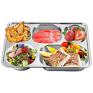 AIYoo Set of 2 Stainless Steel Rectangular Divided Plates Tray 5 Sections Dinner Plates for Adults - Unbreakable Metal Plate for Campers, and Portion Control Reusable Plate