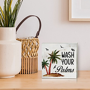 Wash Your Palms Wood Box Sign Home Decor Rustic Bathroom Quote Wooden Box Sign Block Plaque for Wall Tabletop Desk Home Bathroom Decoration 5" x 5"