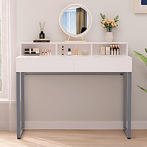 GreenForest Vanity Desk with 2 Drawers, White Makeup Desk with 3 Storage Spaces, 31.5 inch Small Desk with Silver Metal Legs, Modern Home Office Desk for Kids, Bedroom (No Mirror)