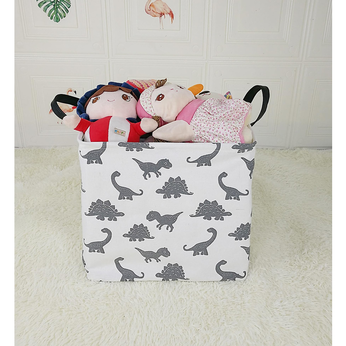 HUAYEE Squrage Storage Bin Canvas Fabric Storage Basket, Waterproof Coating Toy Organizer with Handles, Gift Basket for Home, Office, Clothes, Toy, Shelf Basket (Square Gray Dinosaur)