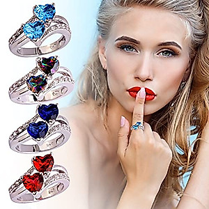 YJYdadaS Double Love Heart Women Ring, Fashion Female Zircon Ring Love Heart Rainbow & White Gemstone Ring Jewelry, US Size 6 7 8 9 10 11 12 (Dark Blue, US-12)