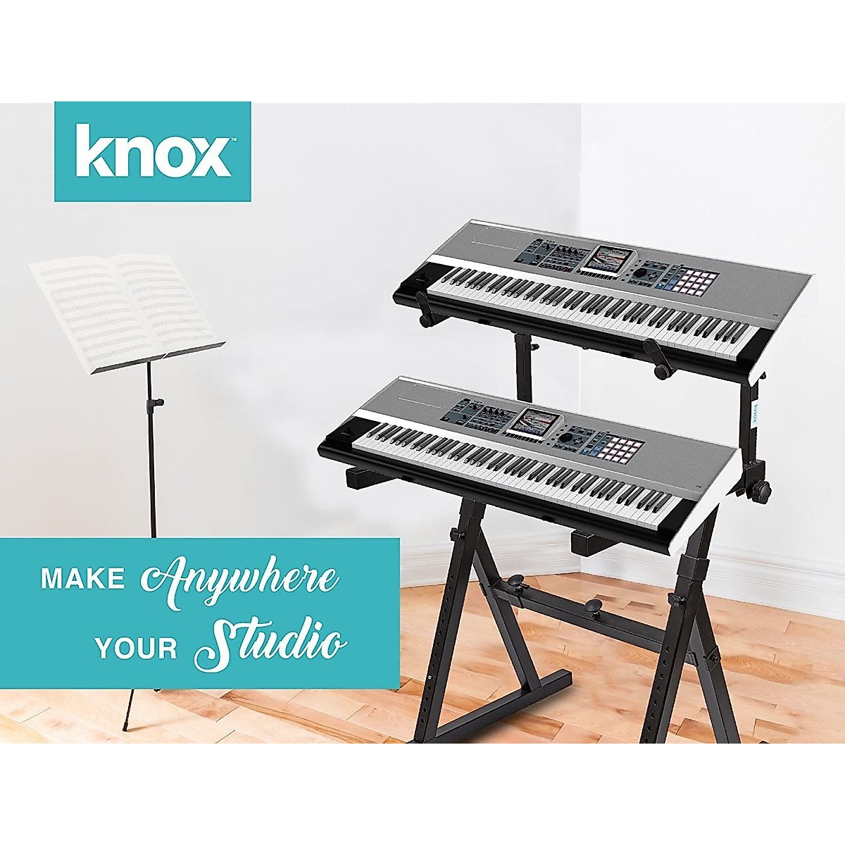 Knox Gear Z-Style Two Tier Electronic Keyboard Piano Stand (Version 2) Bundle (2 Items) - Sturdy Height & Width Adjustable Keyboard Stand - Professional Digital Keyboard Piano Stand or Synth Stand