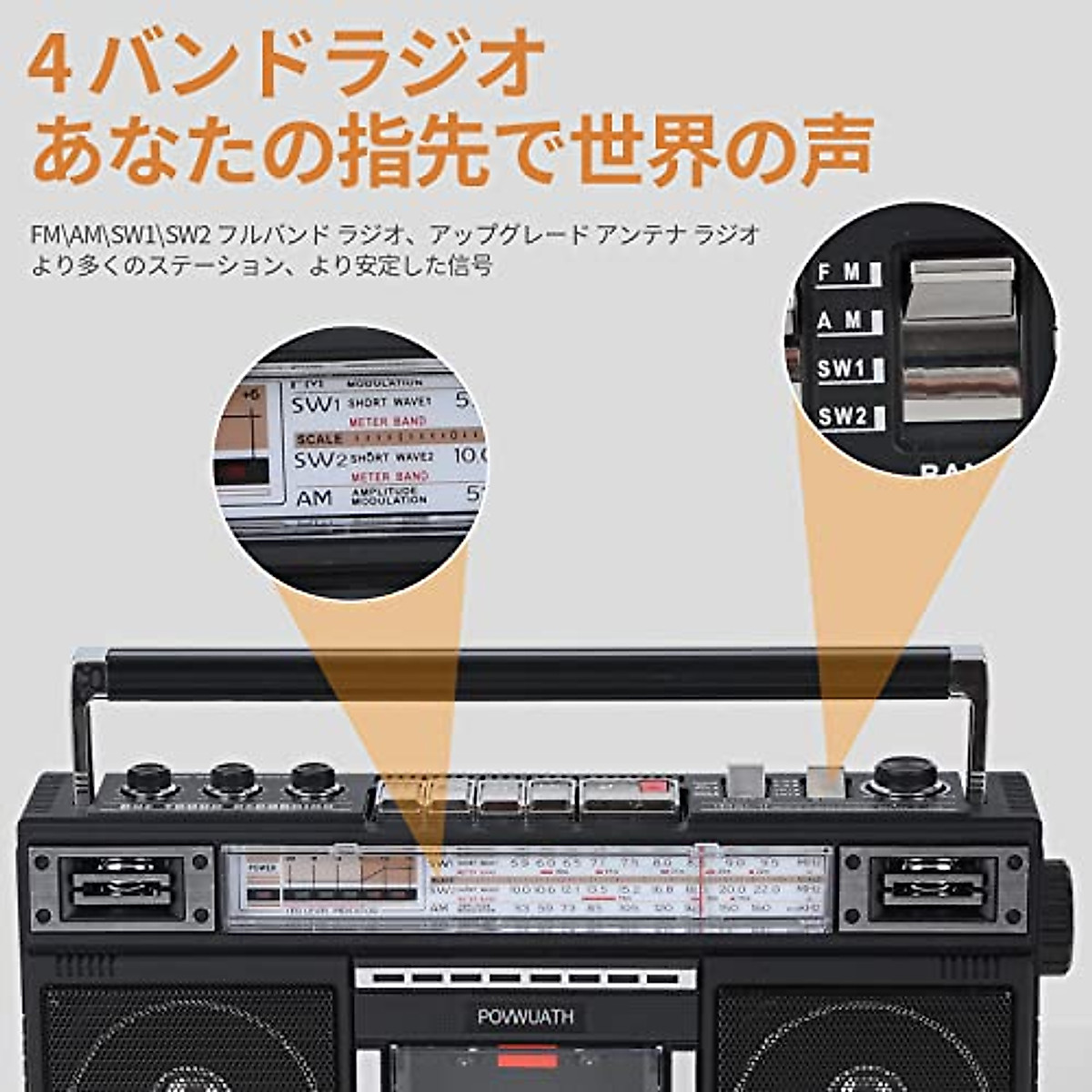 Portable Cassette Player Boombox AM/FM/SW1/SW2 Radio Tape Player Recorder with Bluetooth Microphone