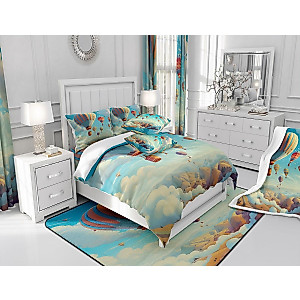 Feelyou Hot Air Balloon Bedding Set Colorful Hot Air Balloon Duvet Cover for Kids Boys Girls Mountains Comforter Cover Blue Sky White Clouds Bedspread Cover with 1 Pillowcase 2Pcs Bedding Twin