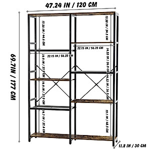 Becko US Bookshelf Bookcase Industrial 8 Tier Book Shelf Vintage Etagere Bookcase with Rustic Finish & Metal Frame & Wire Mesh