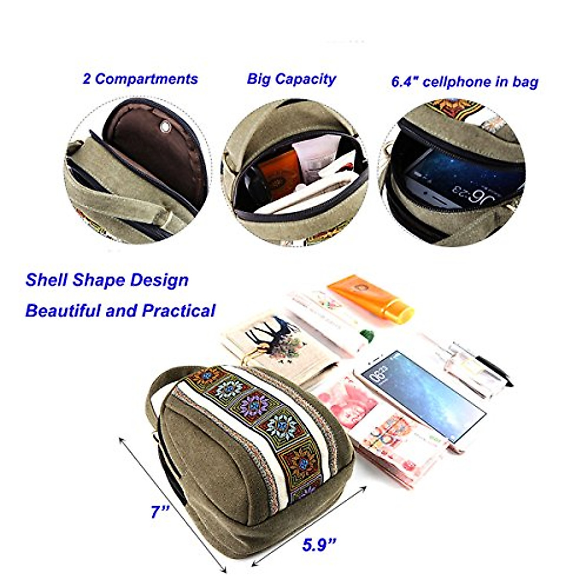 Goodhan Embroidery Canvas Crossbody Bag Cell phone Pouch Coin Purse for Women Girls,Army Green