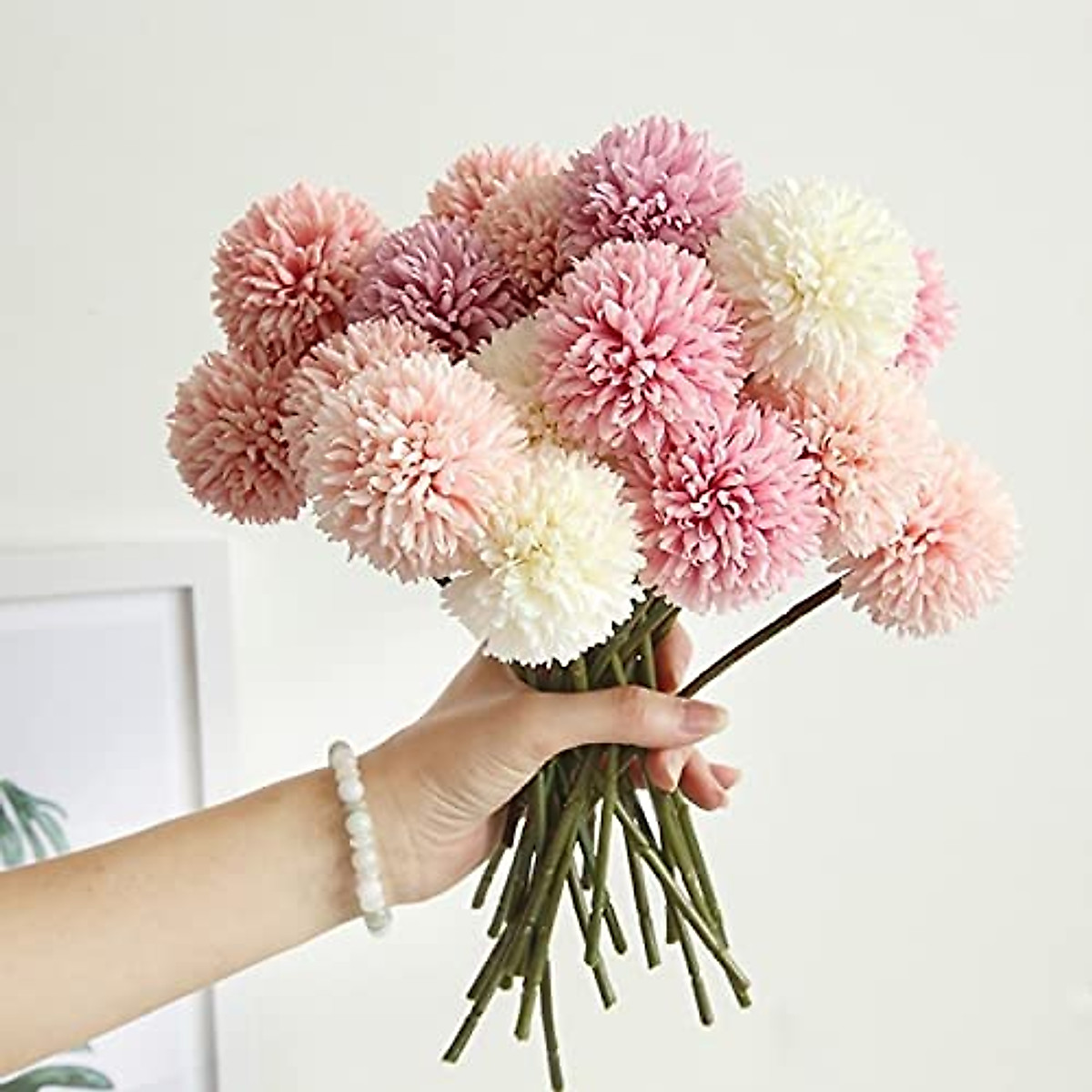 Tinsow 12 Pcs Artificial Flowers Faux Ball Chrysanthemum Bouquet Silk White Flowers Bridal Wedding Bouquet for Home Garden Party Wedding Decoration (White, 12)