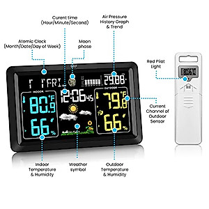 Weather Stations Wireless Indoor Outdoor Thermometer with Atomic Clock, Temperature and Humidity Weather Forecast Barometer with Sensor