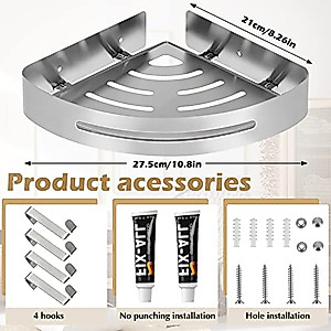 2 Pack Corner Shelves for Shower Corner Shower Caddy Shower Shelves Wall Mounted 304 Stainless Steel Bathroom with Two Hooks No Drill Shower Storage Organizer with Glue and Screw (Matte Silver Color)